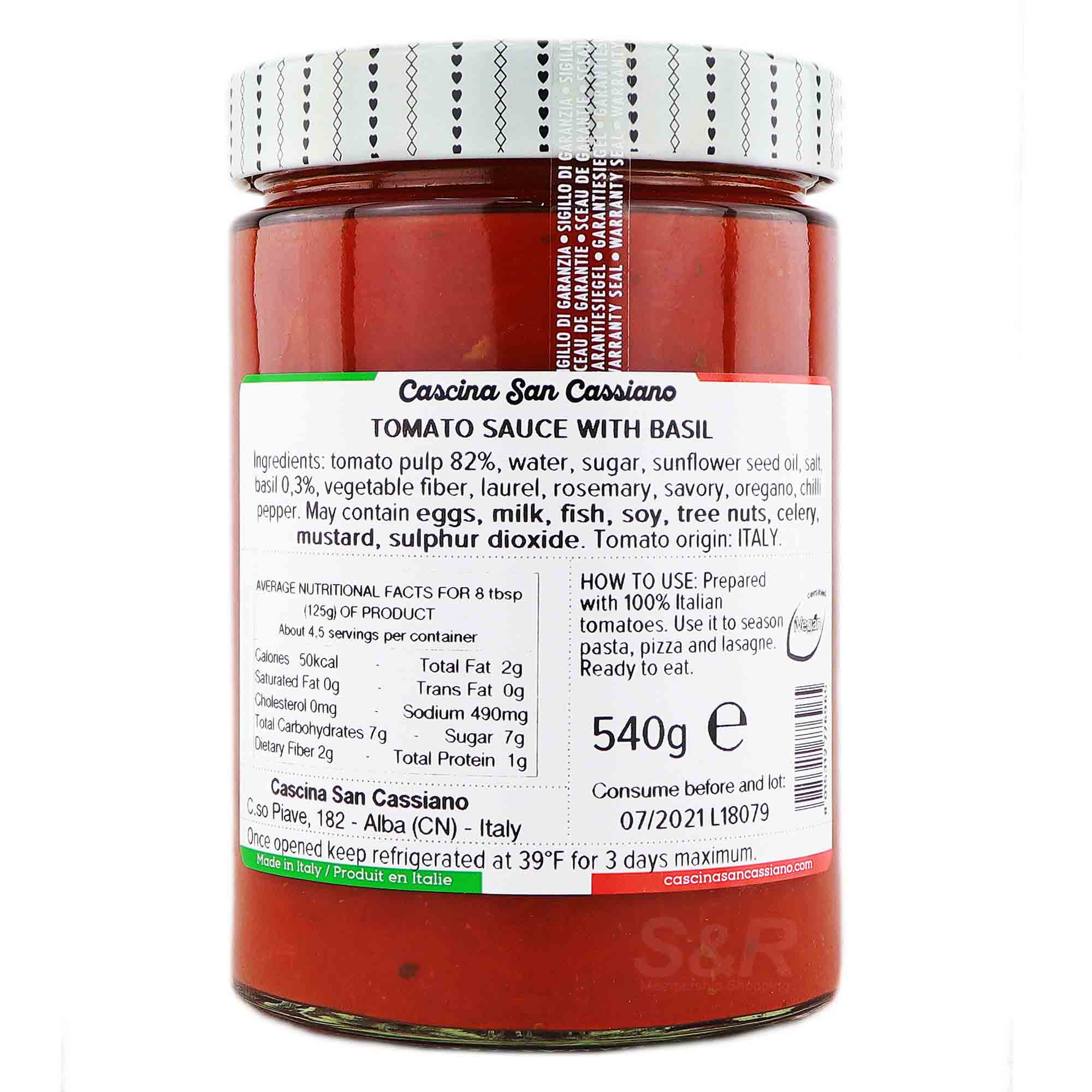Cascina San Cassiano Italian Tomato Sauce with Basil 540g