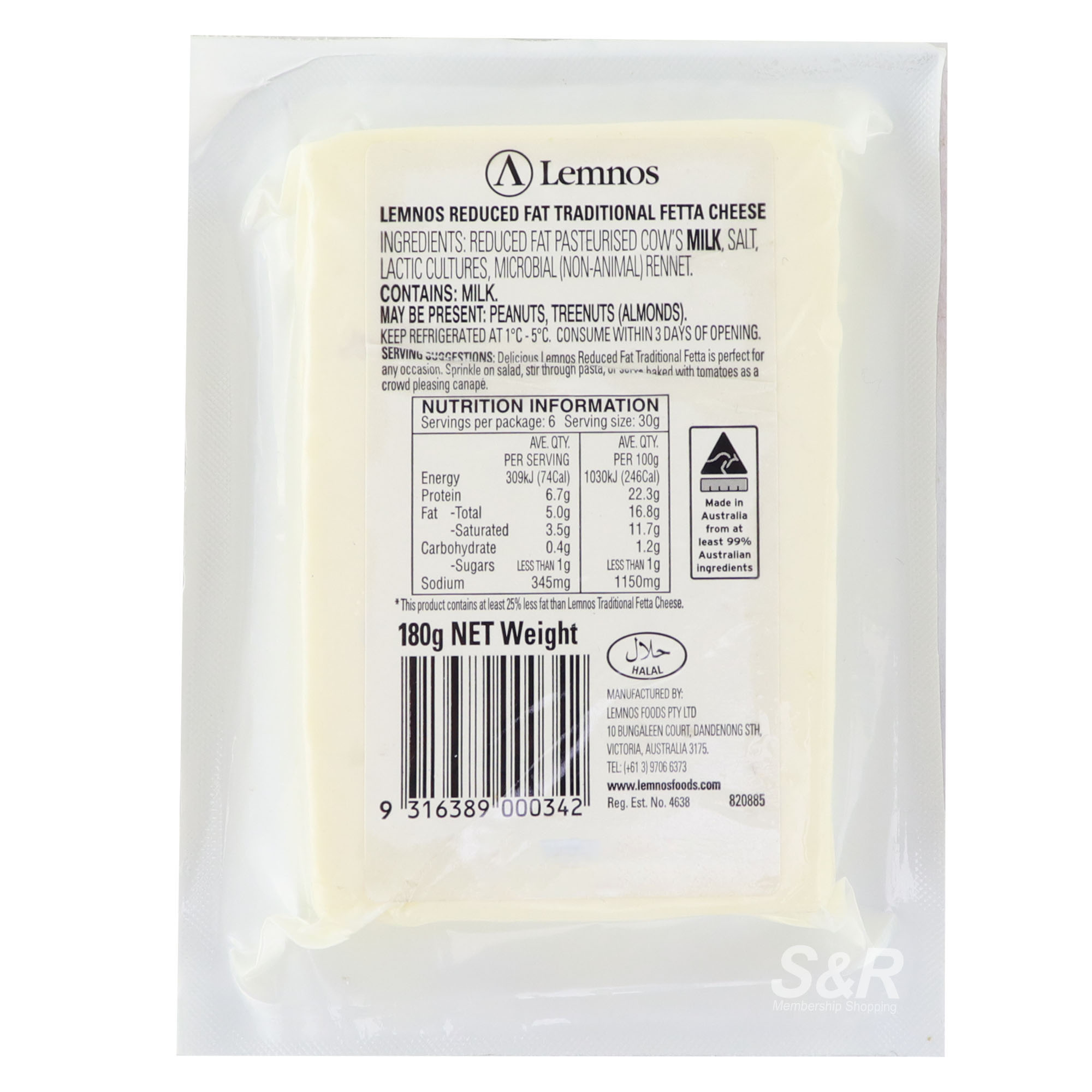 Lemnos Reduced Fat Fetta Cheese 180g